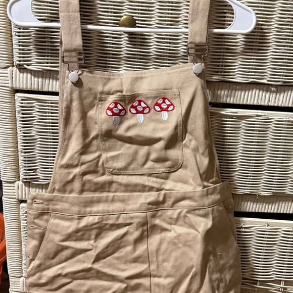 Pants & Jumpsuits | Tan Overalls With Mushroom Embroidery | Poshmark